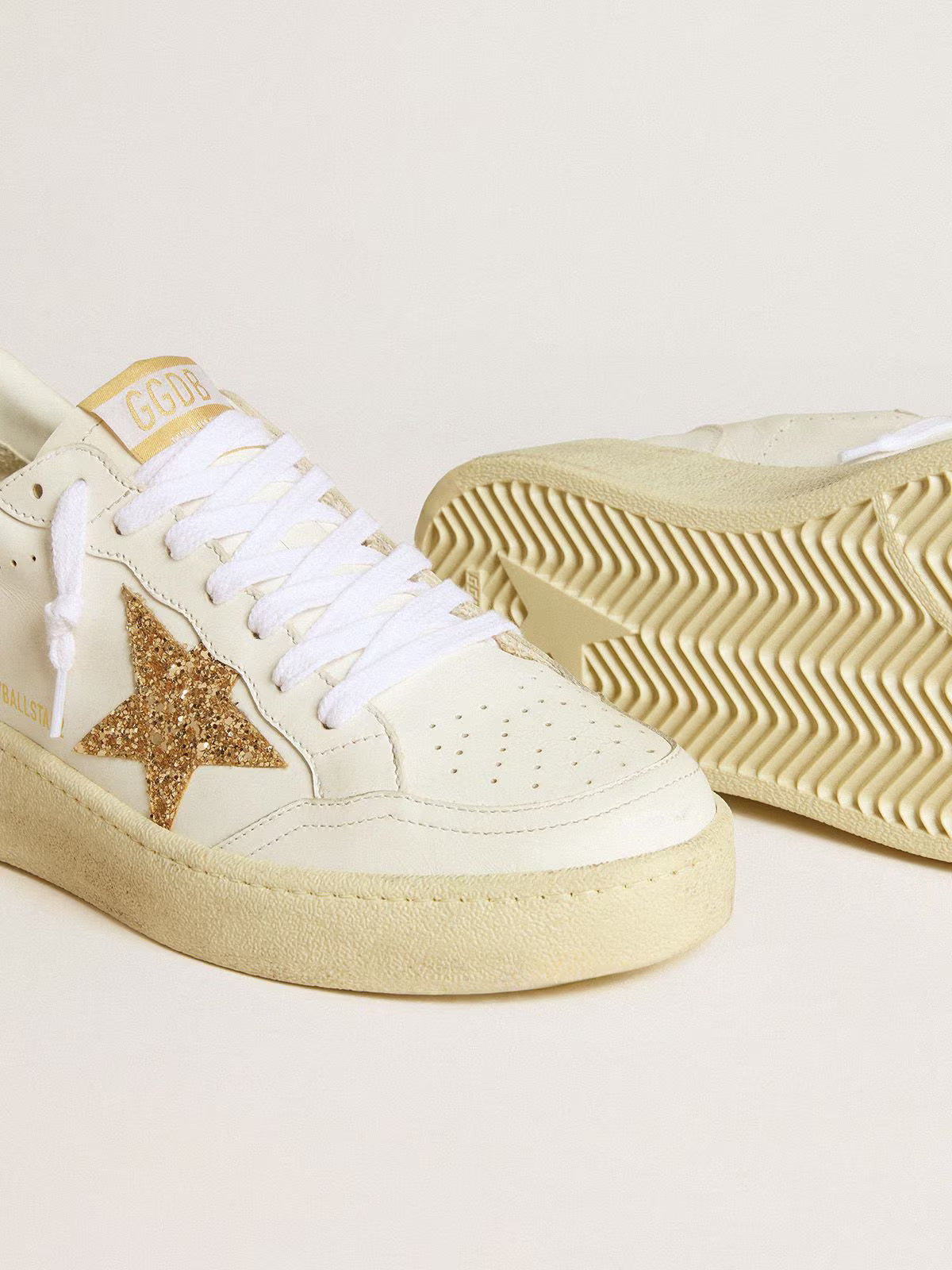 Golden Goose Women’s Ball Star in white leather with gold glitter star ...